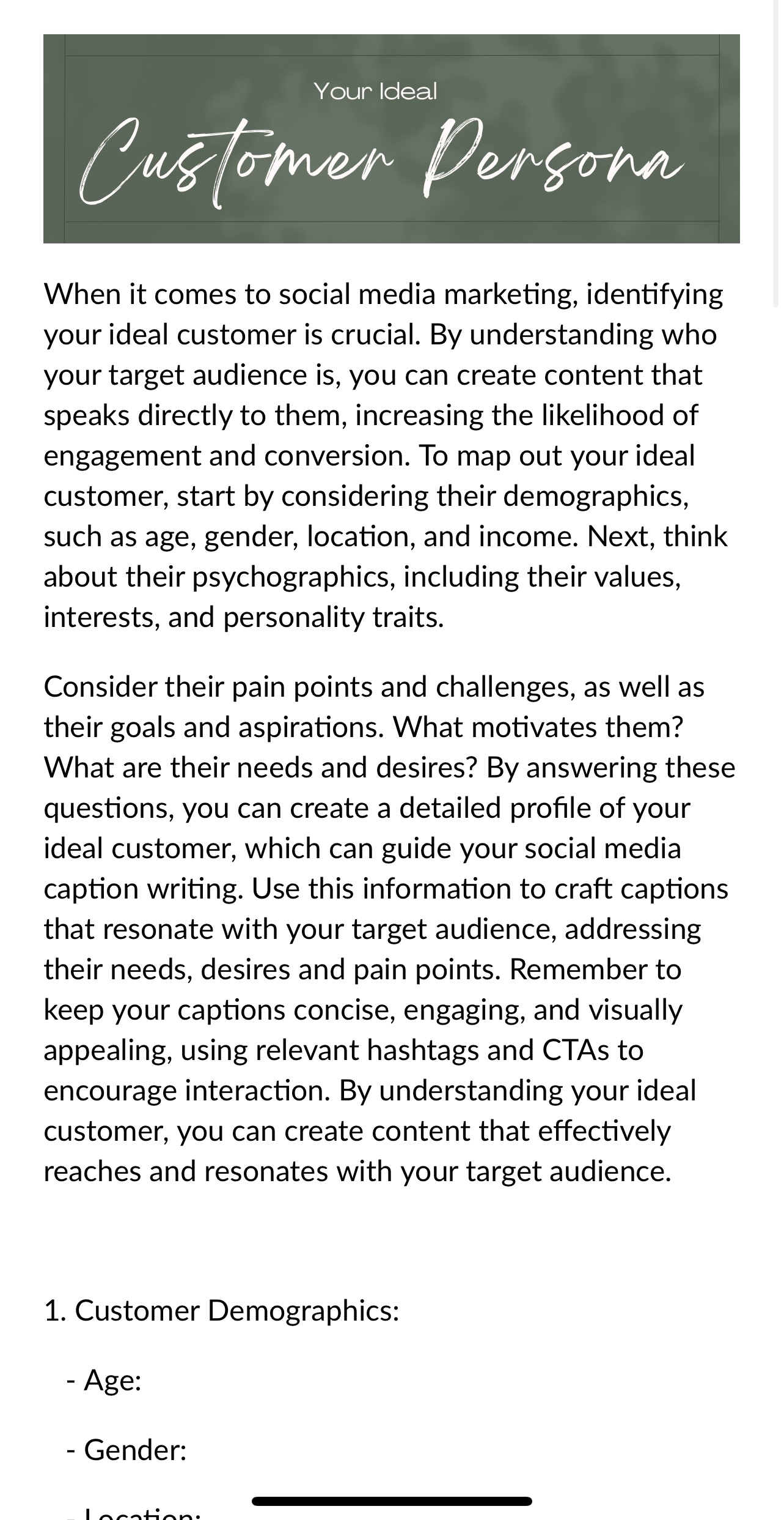 Free Ideal Customer Persona Worksheet